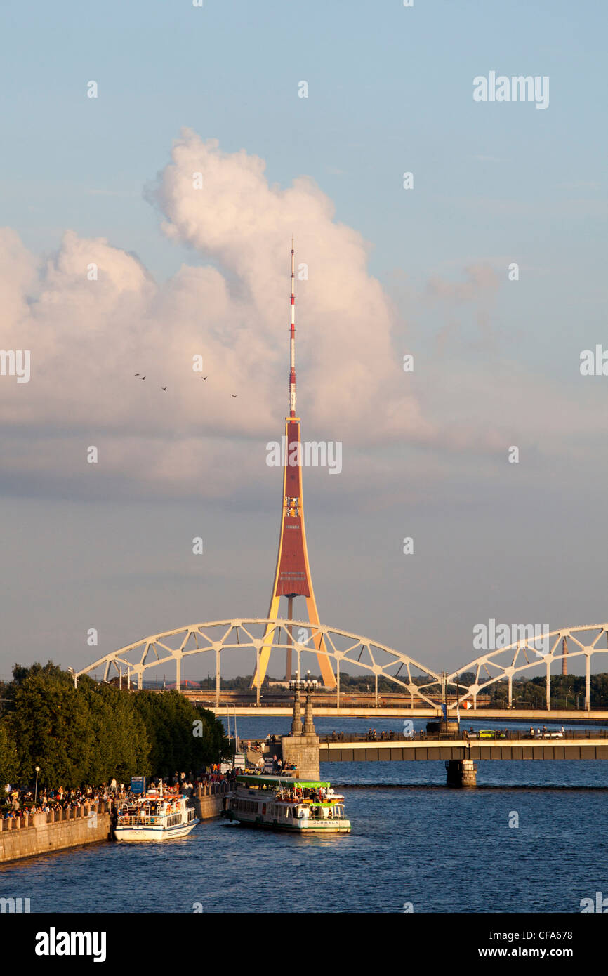 Riga, Latvia, Baltic, Europe, City, TV Tower, bridge, river, rail ...