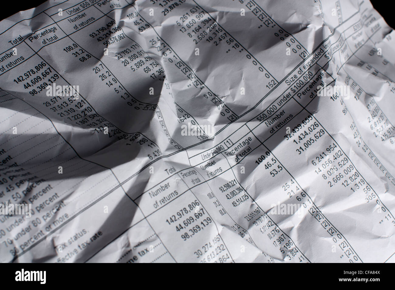 Crumpled financial papers on black background Stock Photo - Alamy
