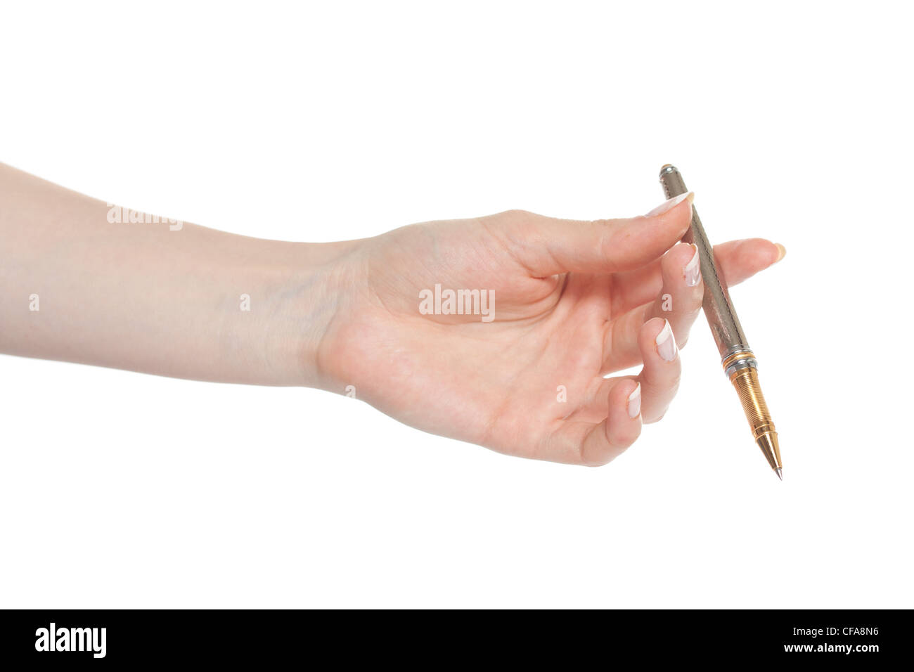Woman hand holding pen isolated on white background Stock Photo - Alamy