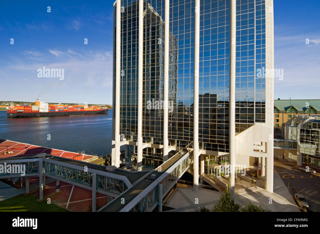 Purdy's Wharf with container ship in harbour Halifax, Nova Scotia ...