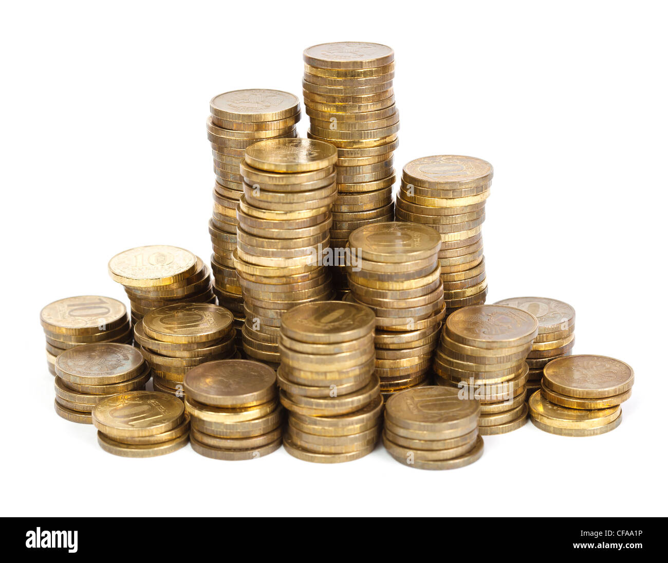 Towers of golden coins on white background Stock Photo - Alamy