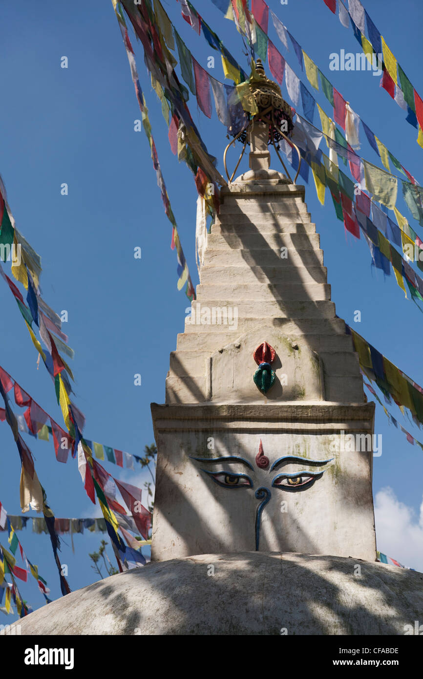 Prayer flags on temple tower Stock Photo - Alamy