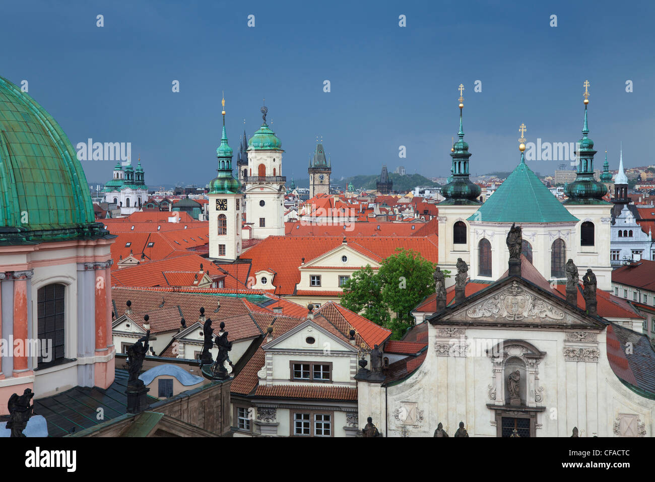 Church towers and rooftops of the Prague skyline in Prague, Czech ...