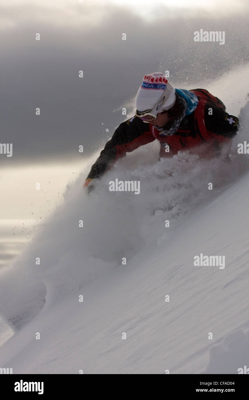 A male skier makes powder turns in the Sunshine Village Backcountry ...