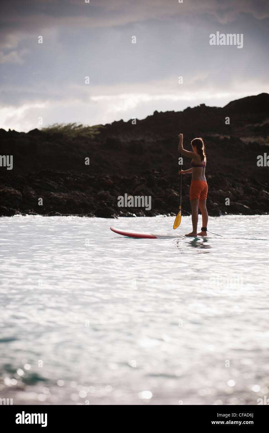 Surfer paddling surfboard in ocean Stock Photo - Alamy