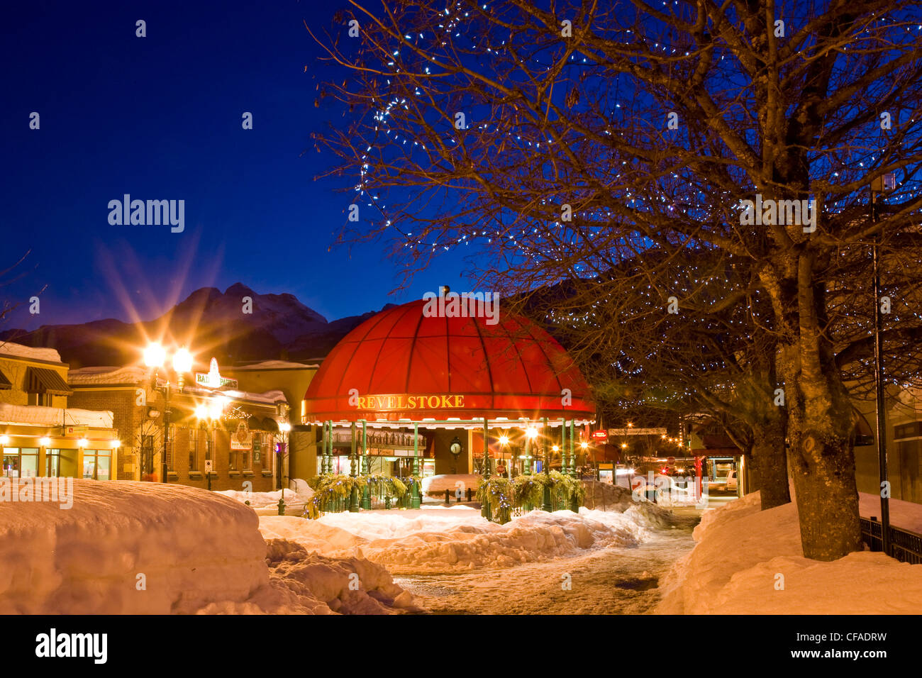 Evening in downtown Revelstoke in middle of winter, Revelstoke, BC ...