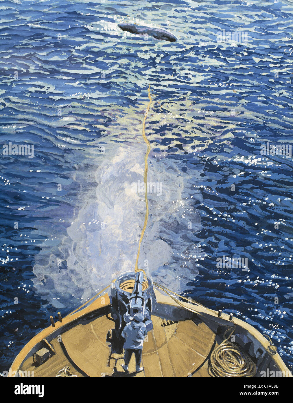 Whaling boat catching a whale with a harpoon spear Stock Photo - Alamy