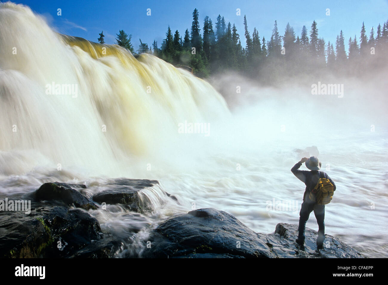 Hiker at Pisew Falls, Pisew Falls Provincial Park, Manitoba, Canada ...