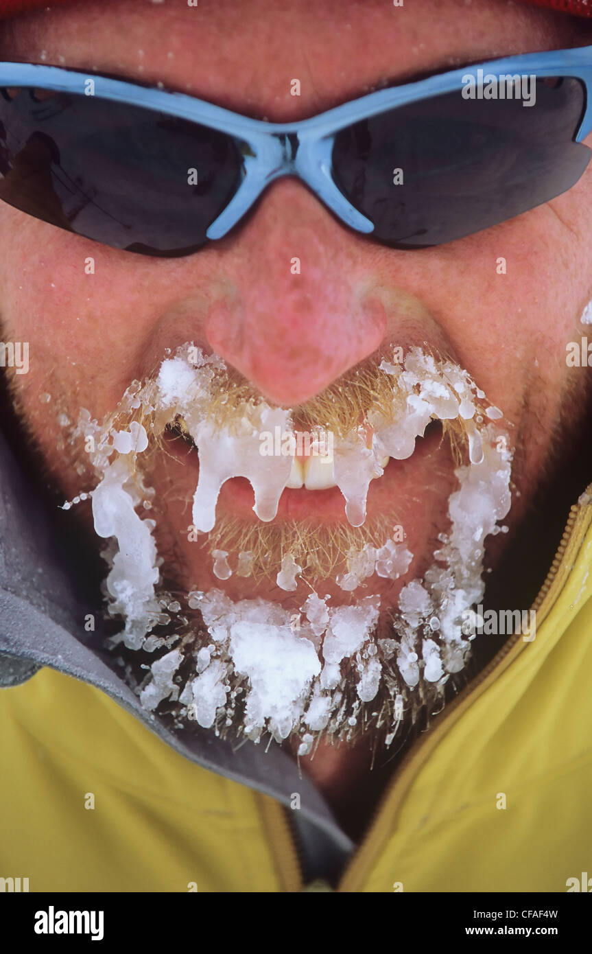 Skier with icy beard, Selkirk Mountains, British Columbia, Canada Stock ...