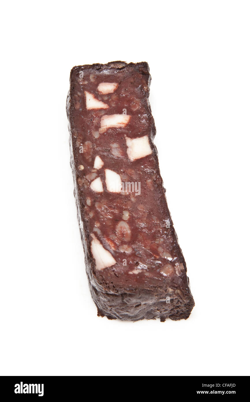 Black pudding or blood sausage isolated on a white studio background ...
