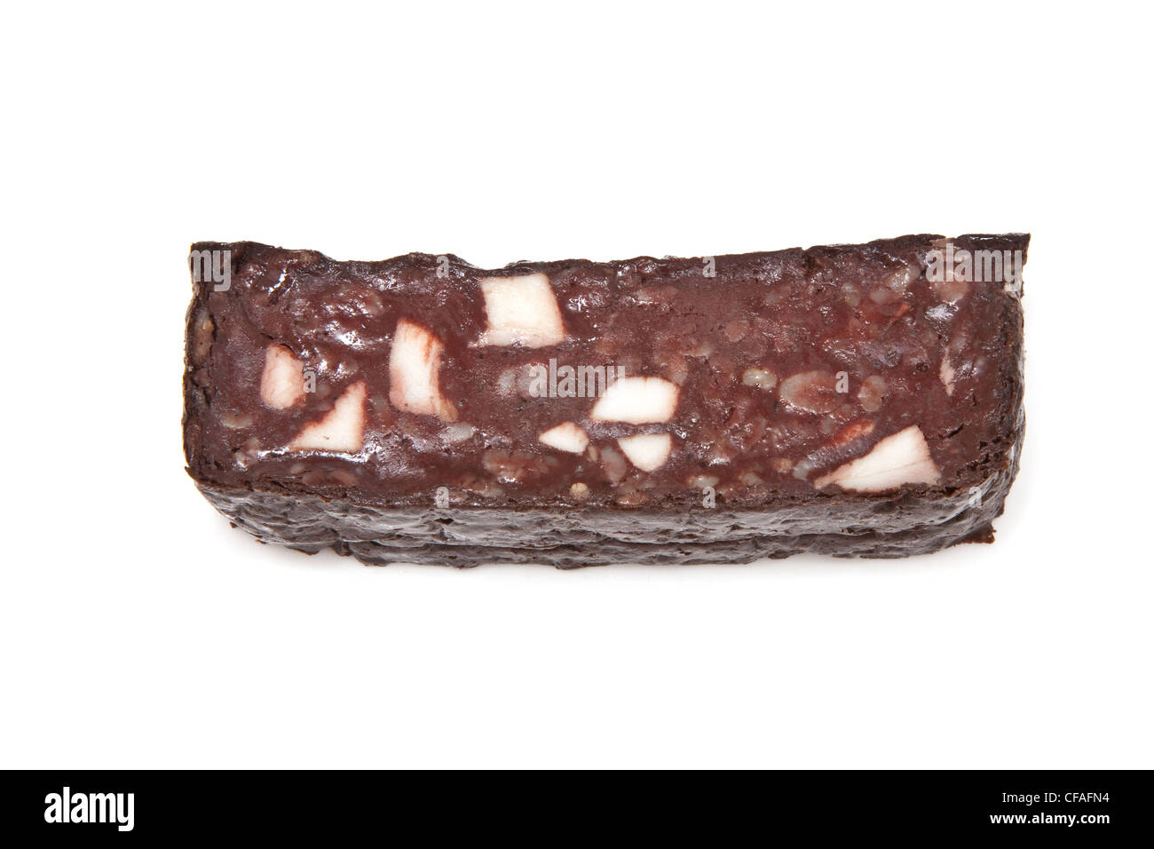 Black pudding or blood sausage isolated on a white studio background ...