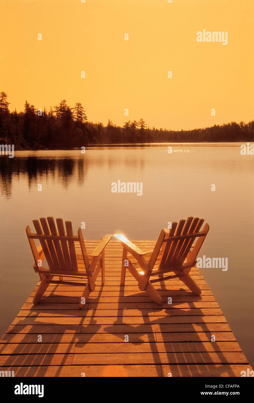 chairs on dock, Lyons Lake, Whiteshell Provincial Park, Manitoba ...