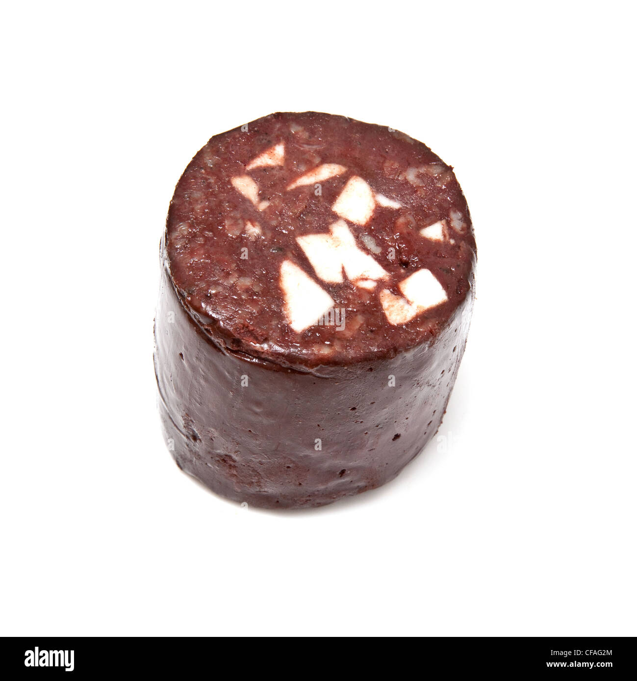 Black pudding or blood sausage isolated on a white studio background ...