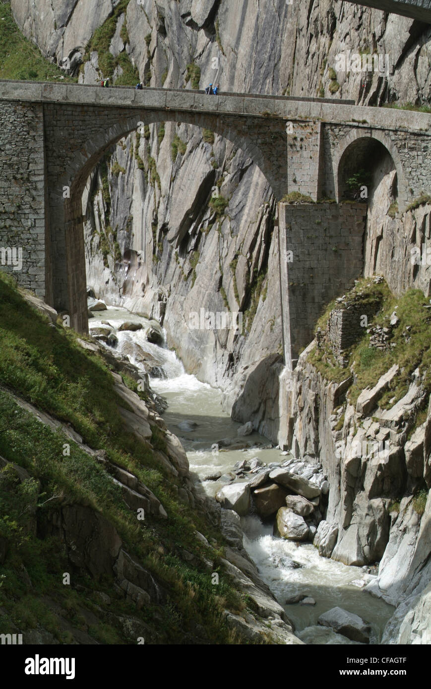 Switzerland, Europe, Uri, Andermatt, Gotthard, Alps, gulch, bridge ...