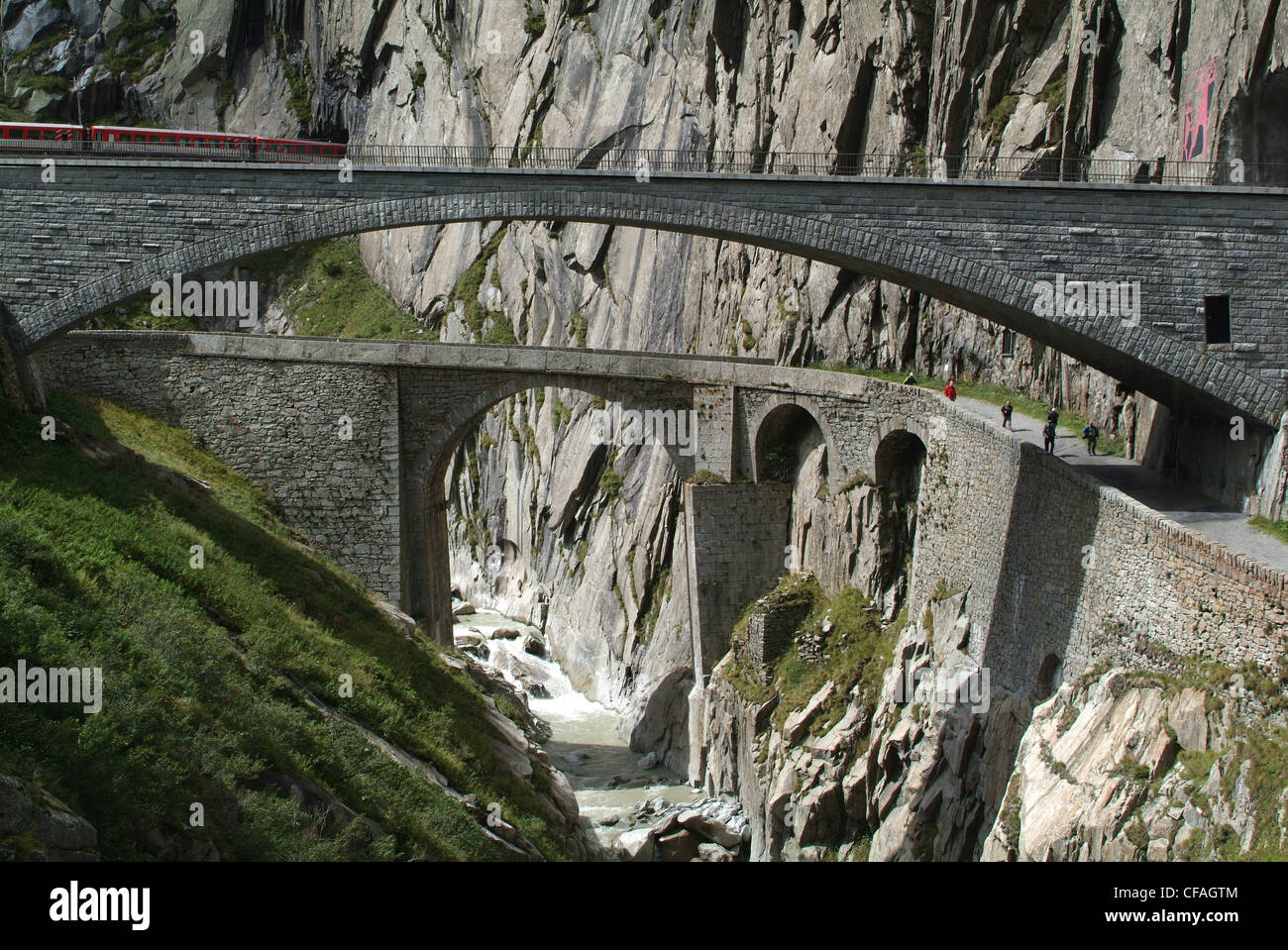 Switzerland, Europe, Uri, Andermatt, Gotthard, Alps, gulch, bridge ...