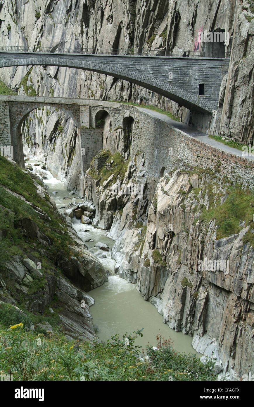 Switzerland, Europe, Uri, Andermatt, Gotthard, Alps, gulch, bridge ...