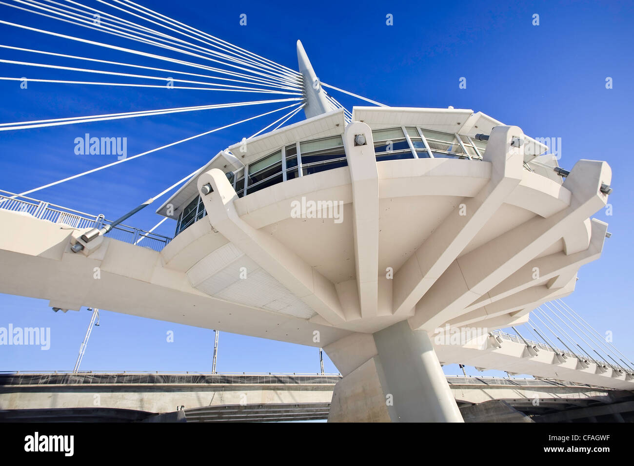Esplanade Riel Pedestrian Bridge and it's restaurant, viewed from the ...
