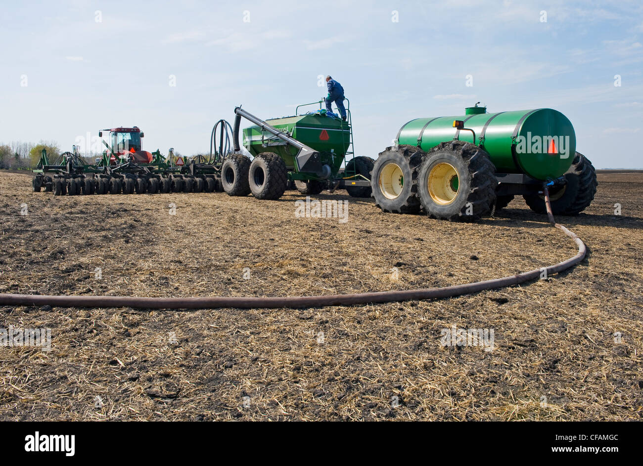 a farmer loads a seeder tank with canola seed and another tank with ...
