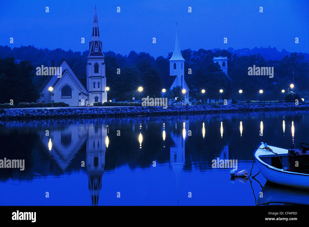 Three Churches at twilight, Mahone Bay, Nova Scotia, Canada Stock Photo ...