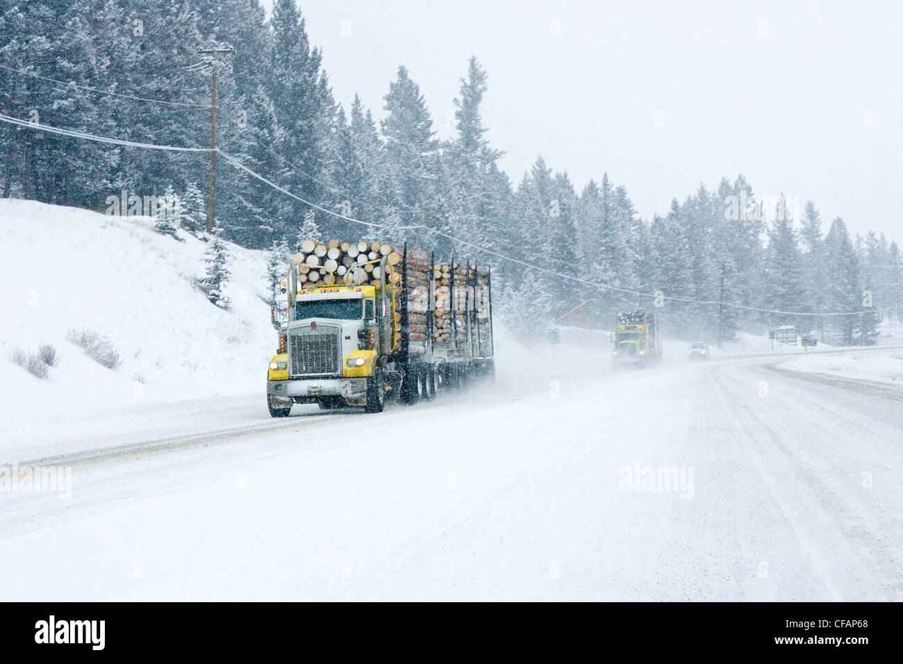 Logging trucks driving in a winter storm on Highway 97 near 100 Mile ...