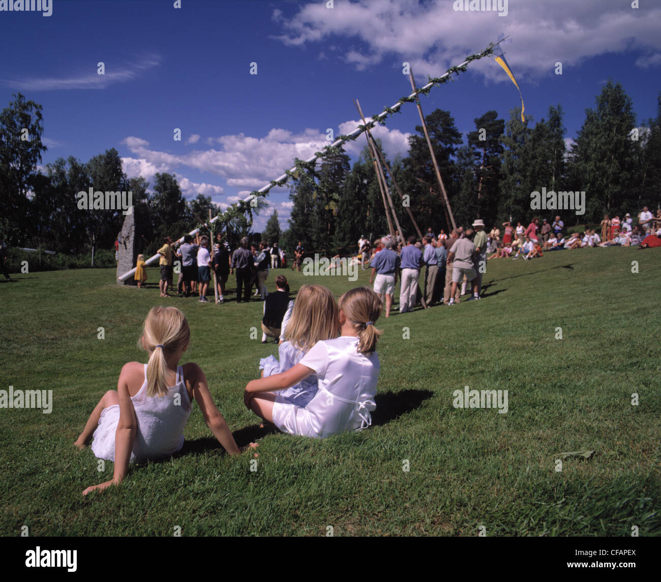 Midsommer: people putting up the midsommertree Stock Photo - Alamy