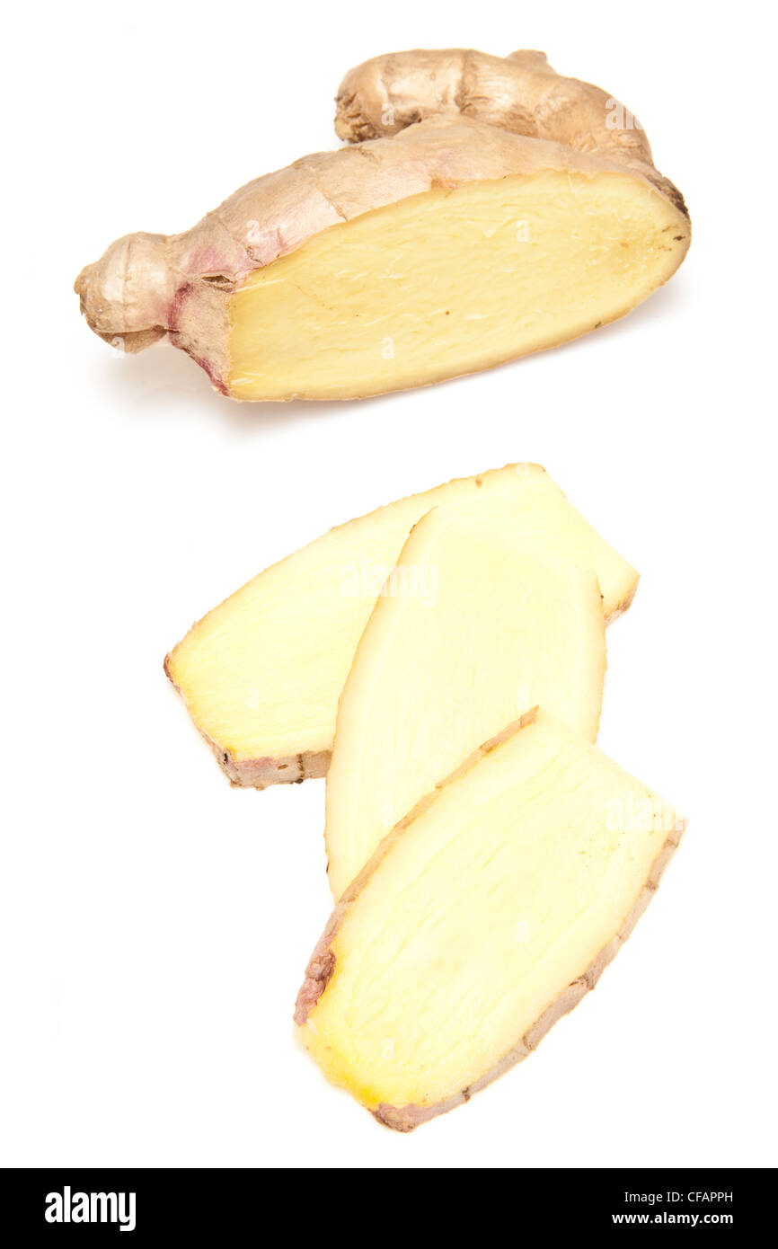 Root ginger (Zingiber officinalis) isolated on a white studio ...