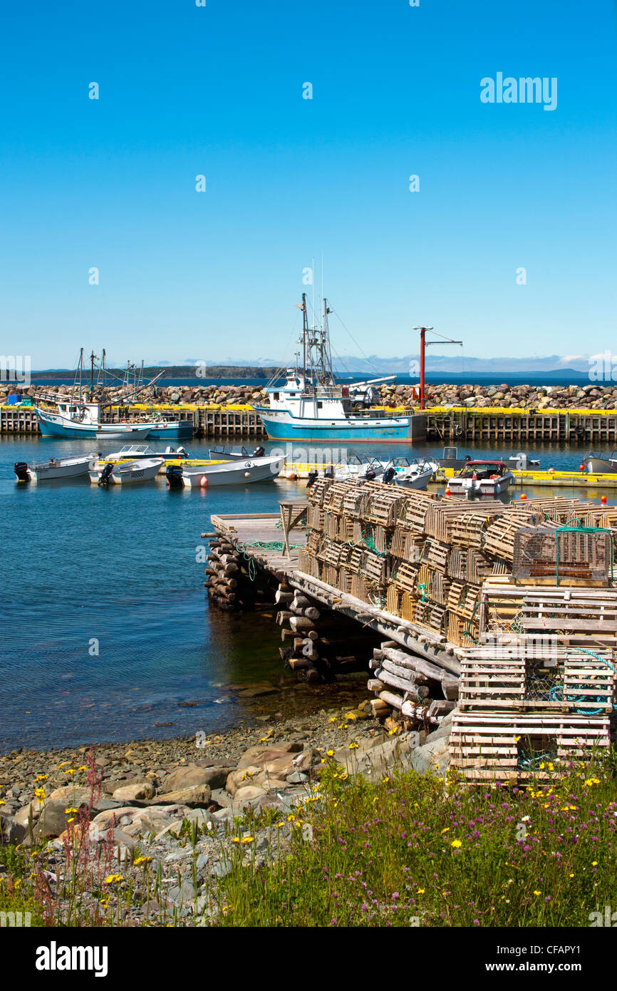 Lobster traps stacked on the wharf at Green Harbour, Newfoundland and ...