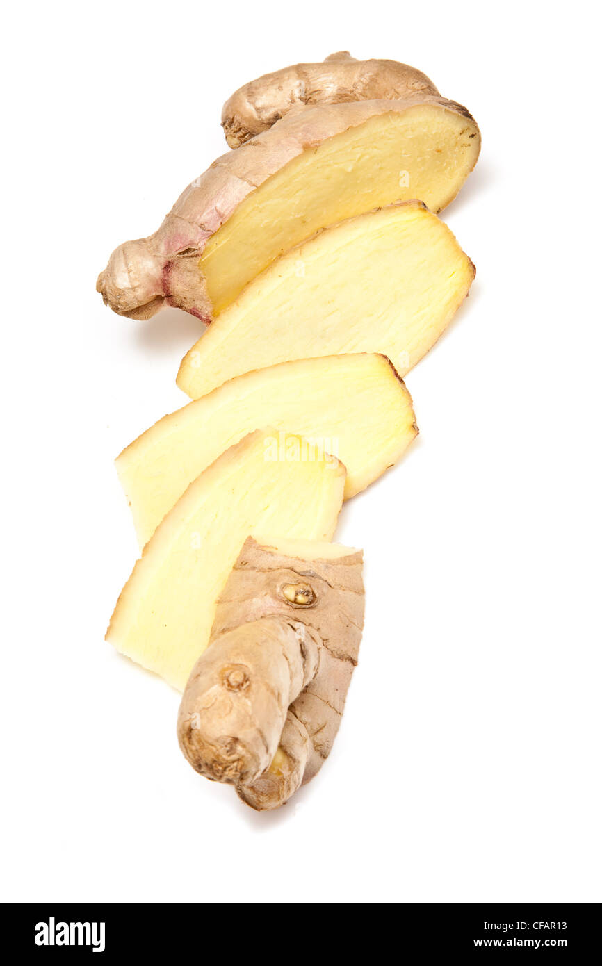 Root ginger (Zingiber officinalis) isolated on a white studio ...