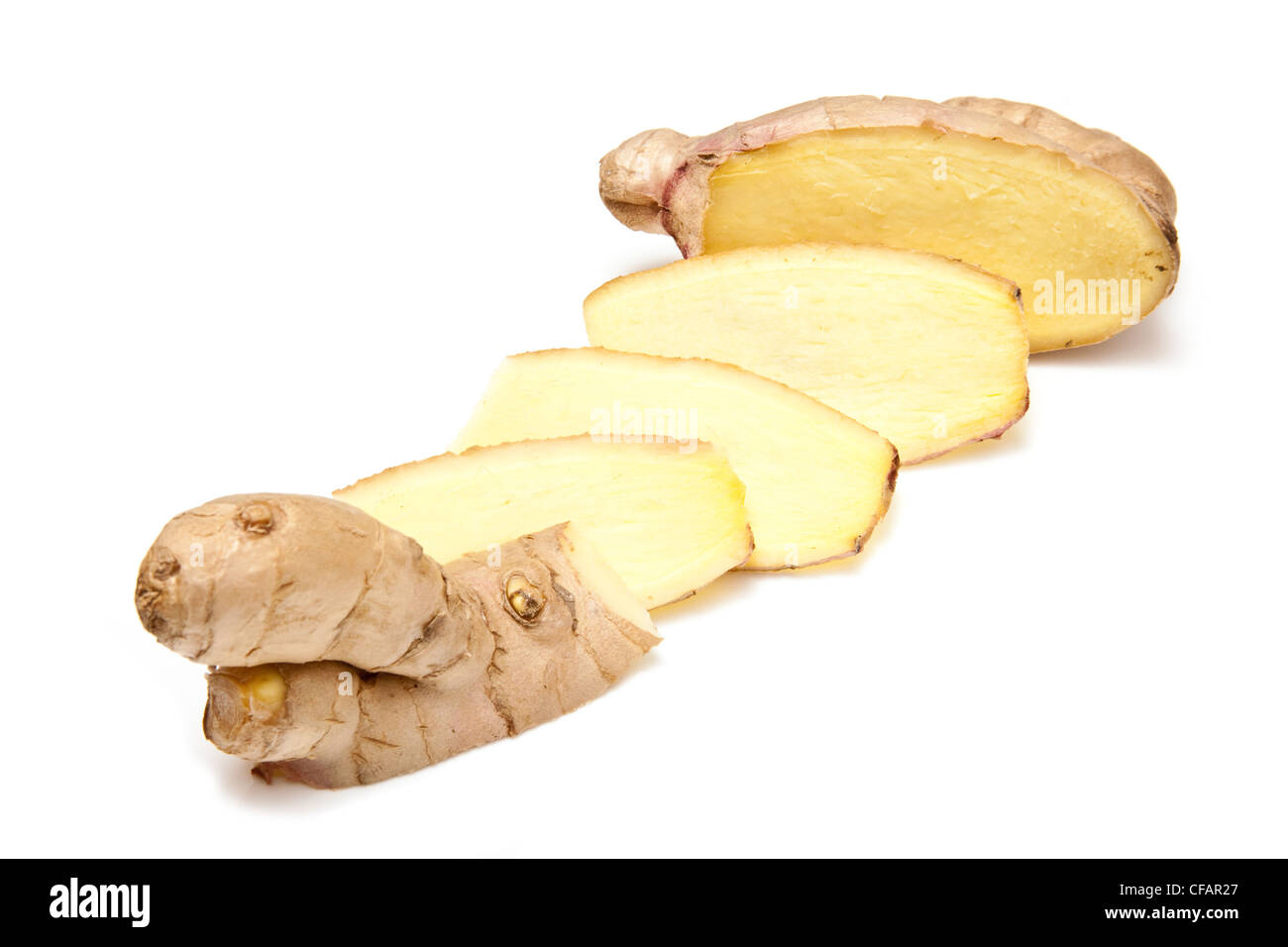 Root ginger (Zingiber officinalis) isolated on a white studio ...