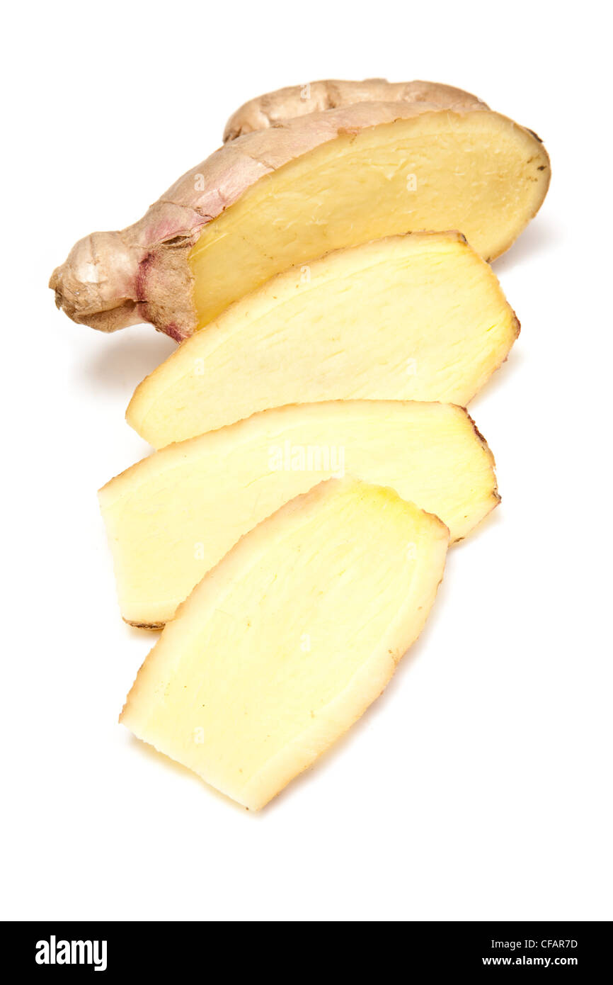 Root ginger (Zingiber officinalis) isolated on a white studio ...