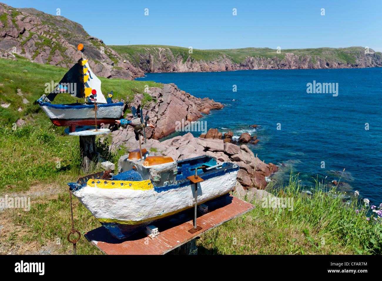 Marine Folk Art displayed along the coastline of Bay De Verde ...