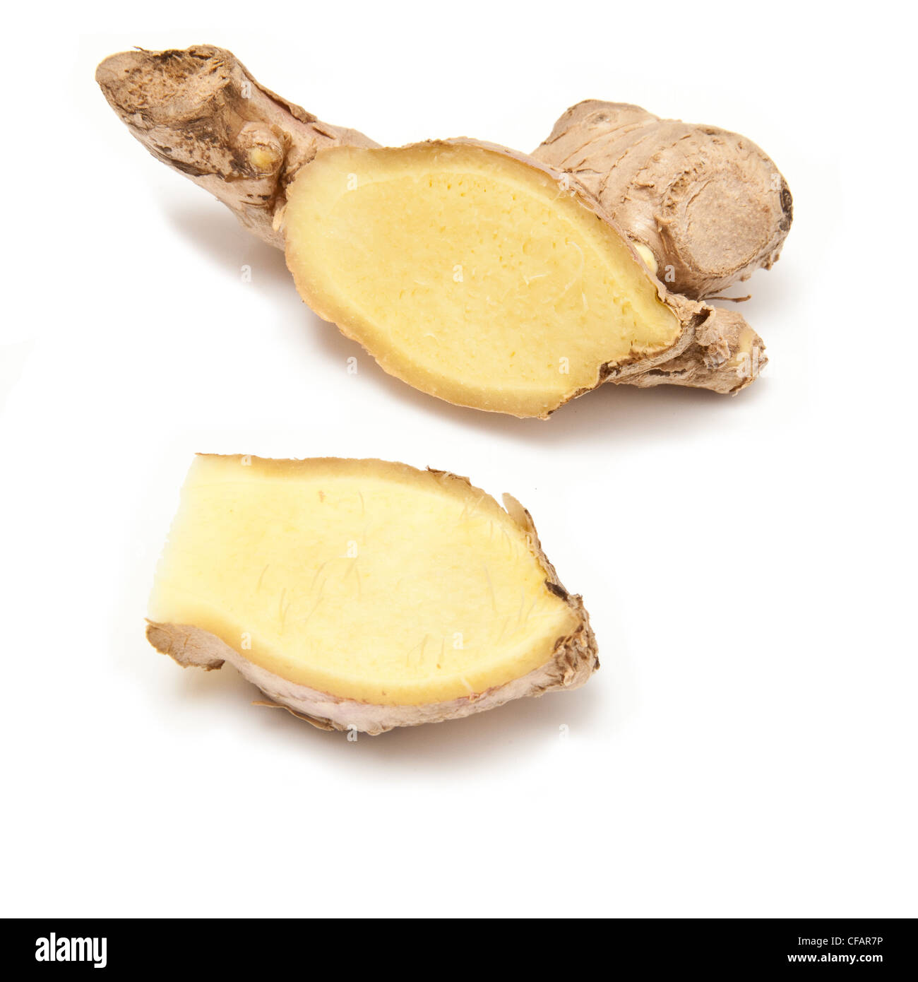 Root ginger (Zingiber officinalis) isolated on a white studio ...