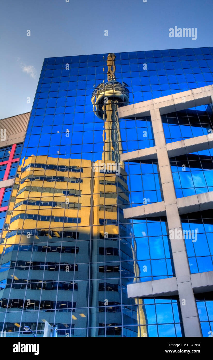 Reflection of CN Tower in CBC building, Toronto, Ontario, Canada Stock ...