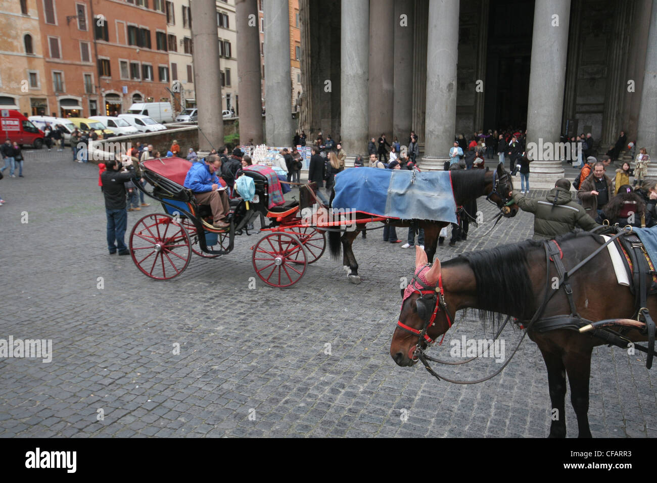 Horse and carriages outside the Pantheon in Rome Italy in the Piazza ...
