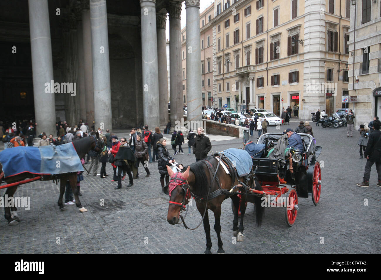 Horse and carriages outside the Pantheon in Rome Italy in the Piazza ...
