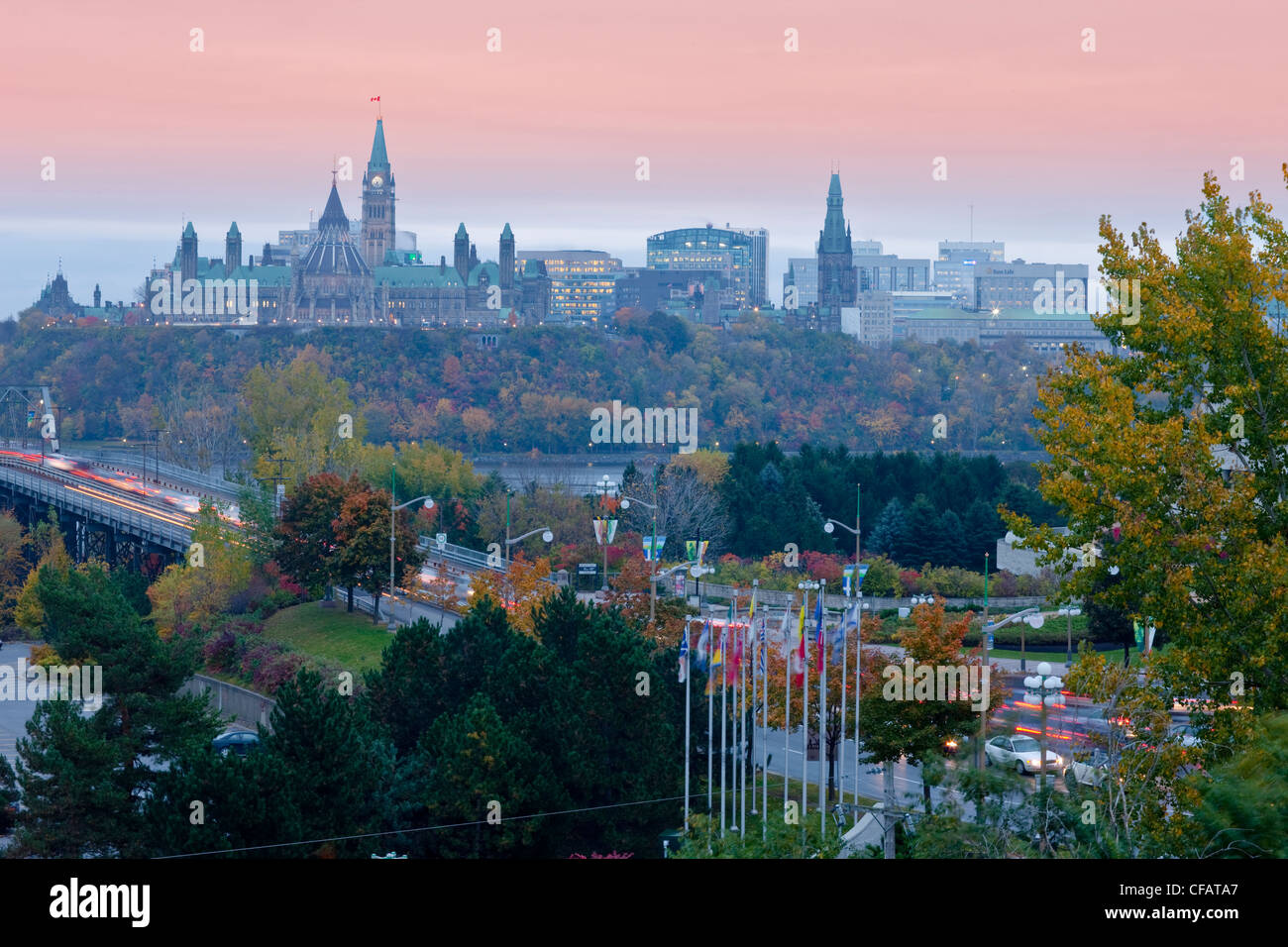 View of Ottawa, Ontario at dusk from Hull, Quebec, Canada Stock Photo ...