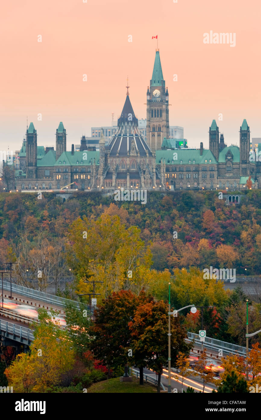 View of Parliament Hill at dusk in Ottawa, Ontario from Hull, Quebec ...
