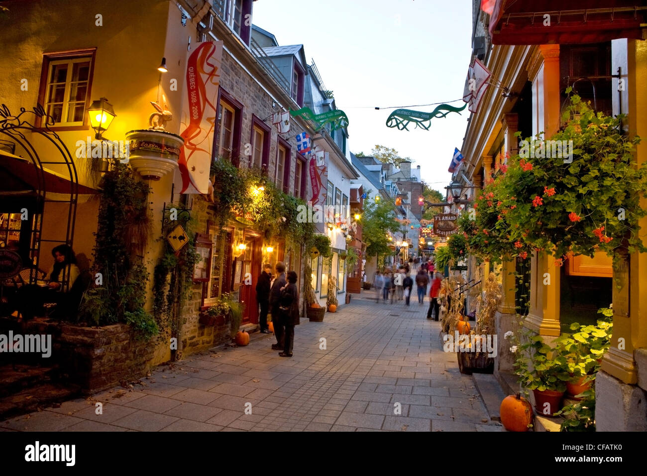 Rue Petit Champlain at dusk, Quebec City, Quebec, Canada Stock Photo ...