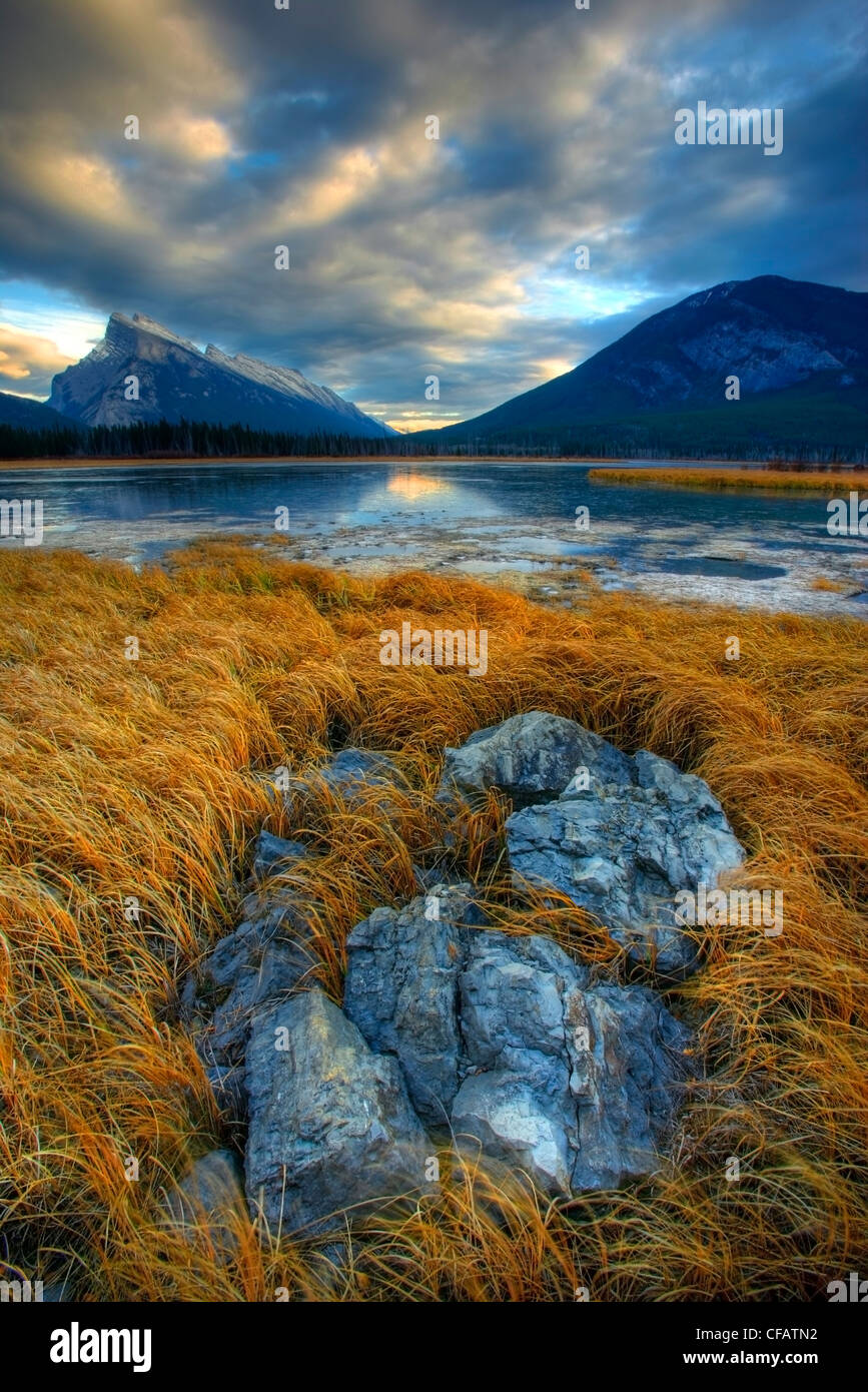 Mount Rundle during sunset with the Vermillion Lakes in front, Banff ...