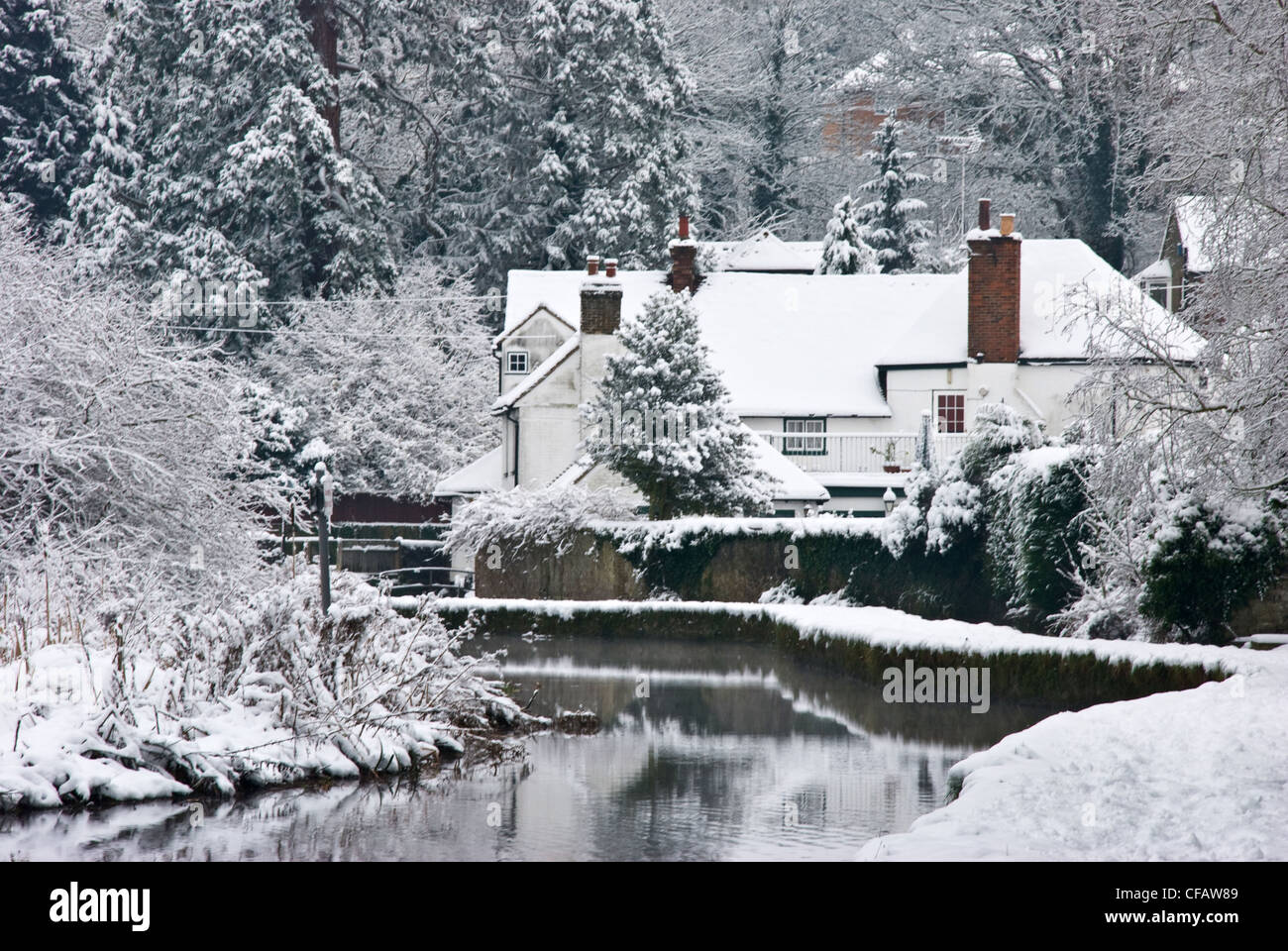 A winter scene of the stream in the village of Loose, Kent England ...