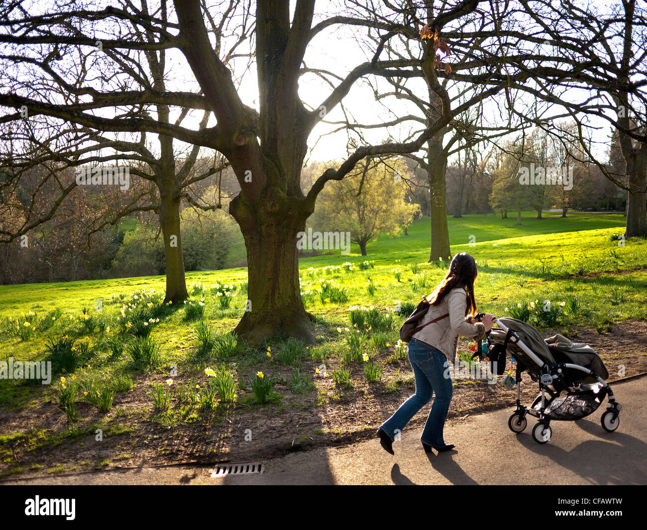 Mother pushing a buggy through Waterlow Park in springtime, Highgate ...