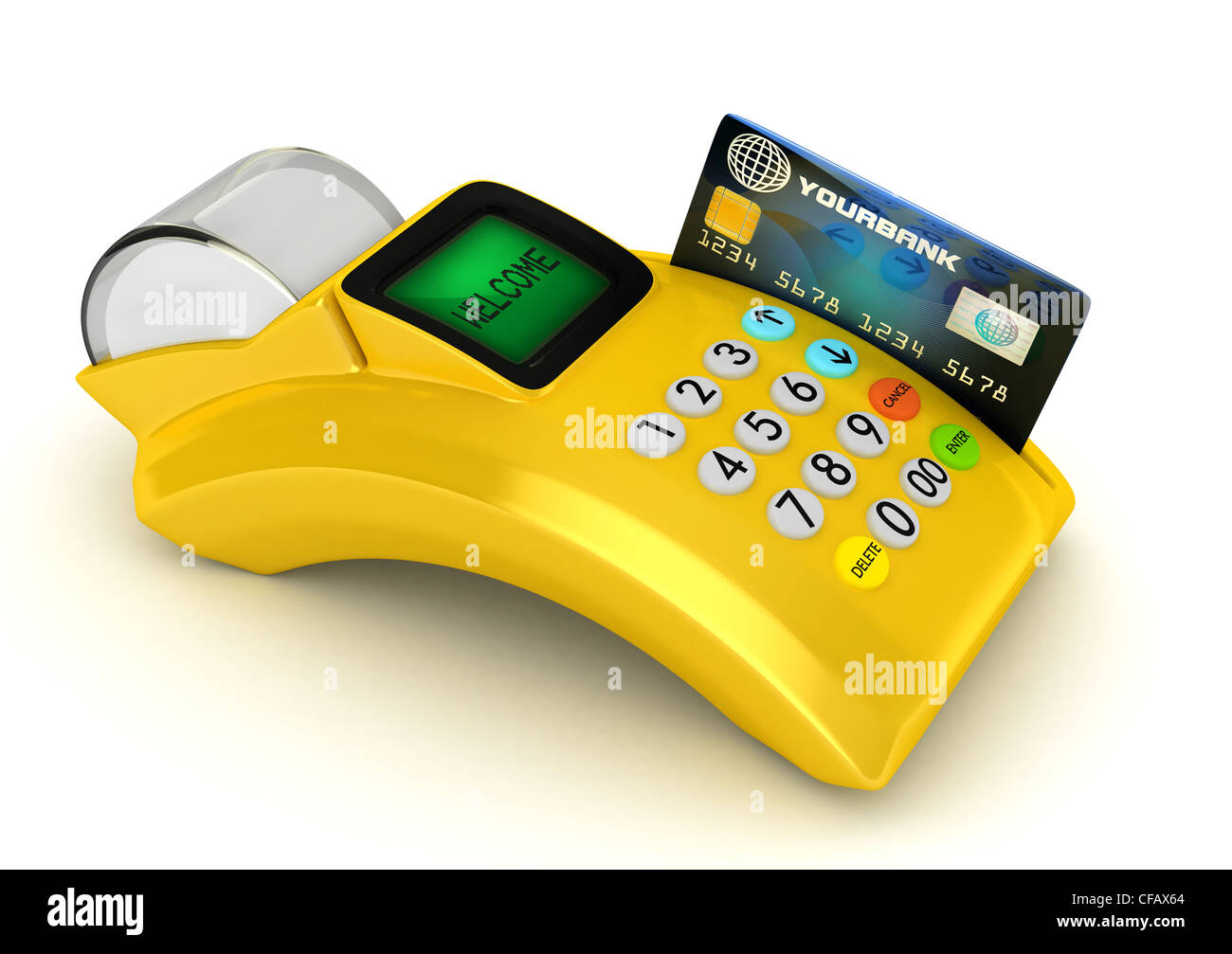 3D Yellow POS-terminal with credit card Stock Photo - Alamy