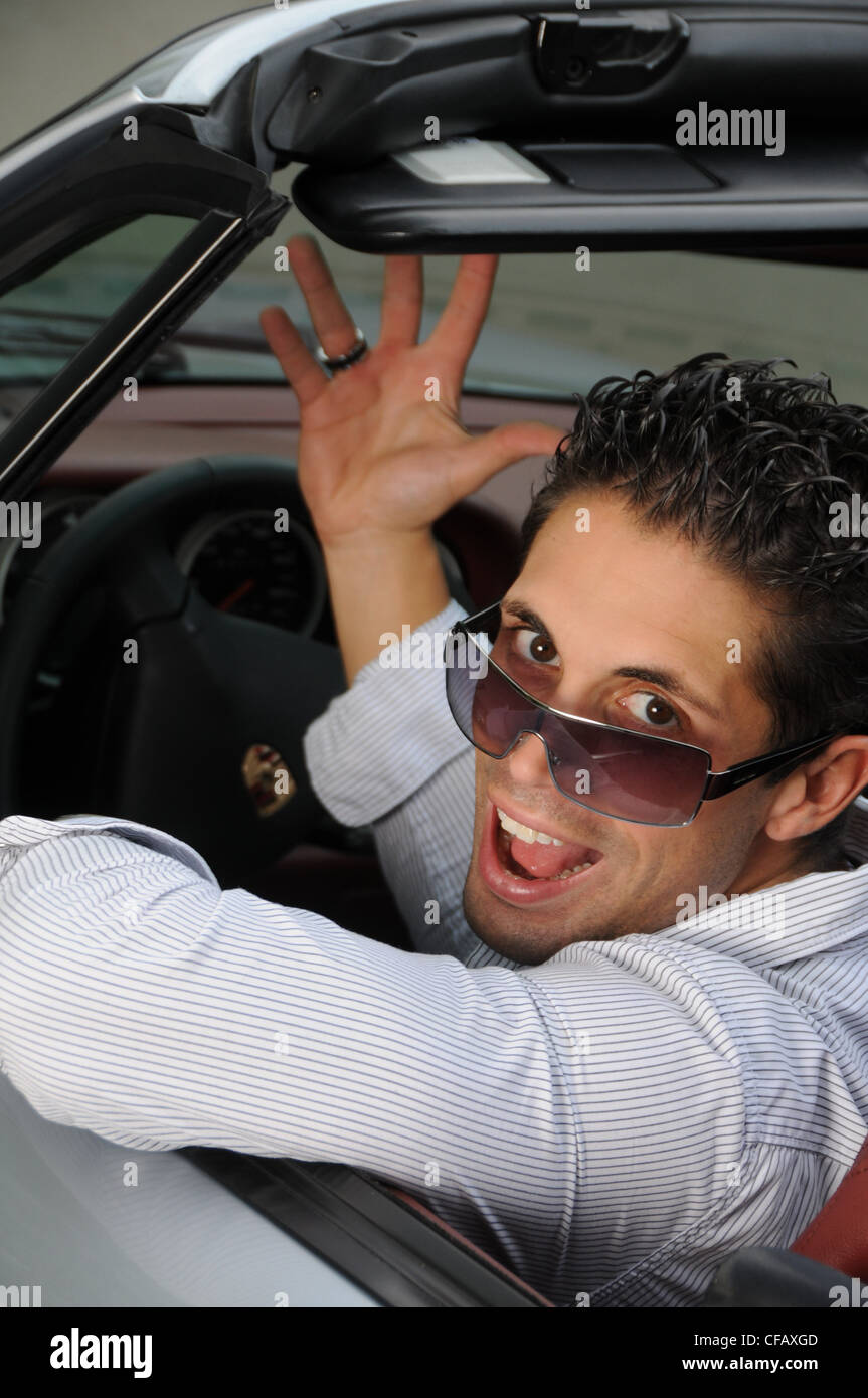 Man, playboy, sunglasses, gigolo, car, automobile, vehicle, vessel ...