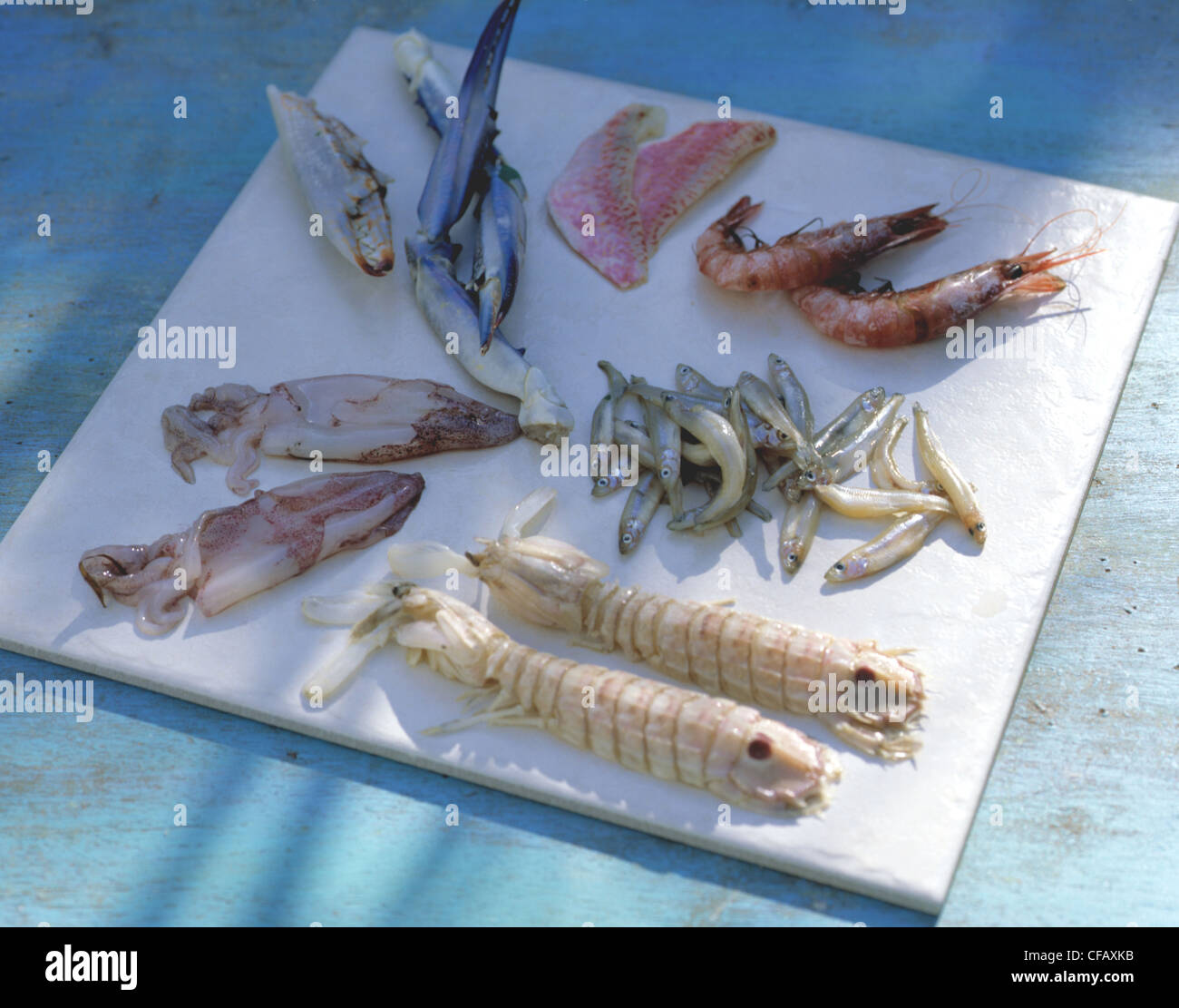 Still: Red barb fillets, prawns, squid - tubes, sardines, crab ...