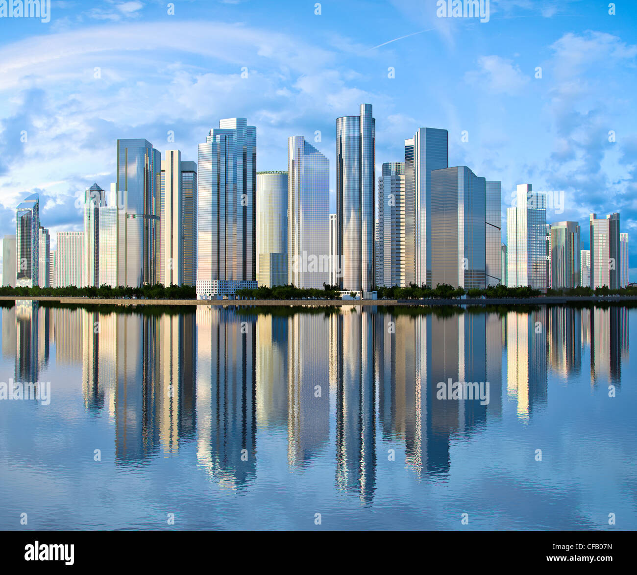 highrise glass skyscraper buildings skyline reflected on water against ...