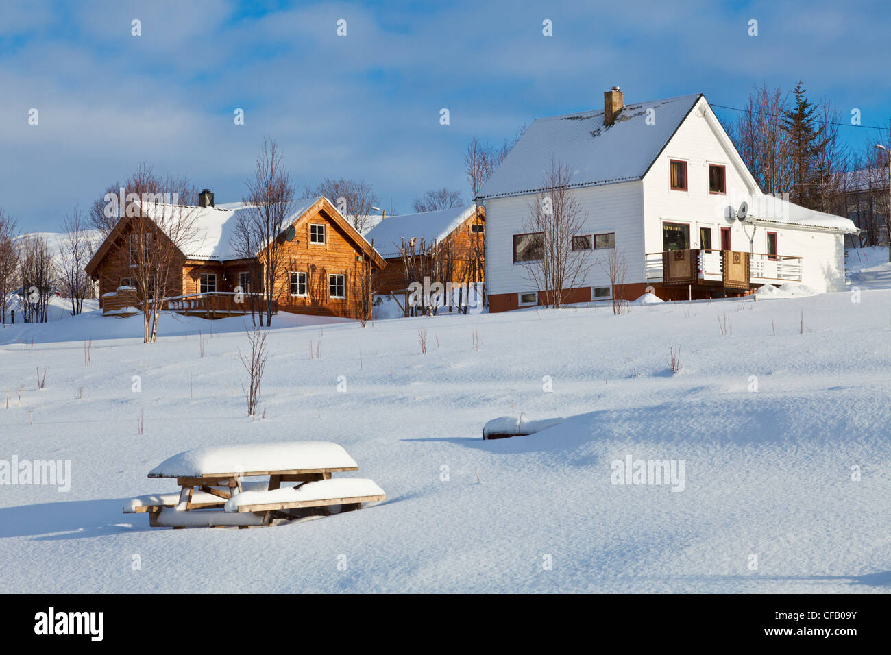 Snow covered houses in Ersfjord village Troms Norway Europe Stock Photo ...