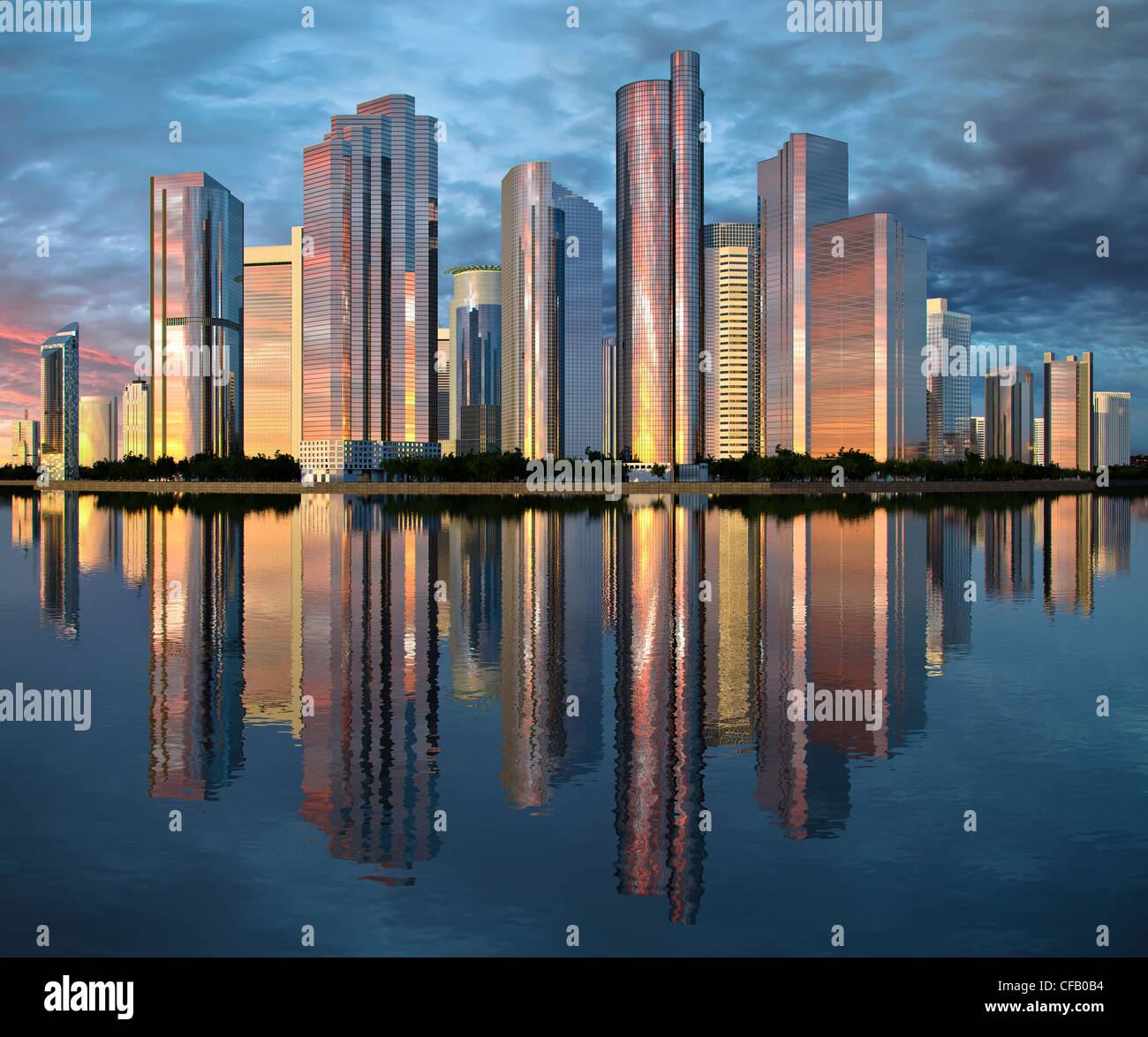highrise glass skyscraper buildings skyline reflected on water against ...