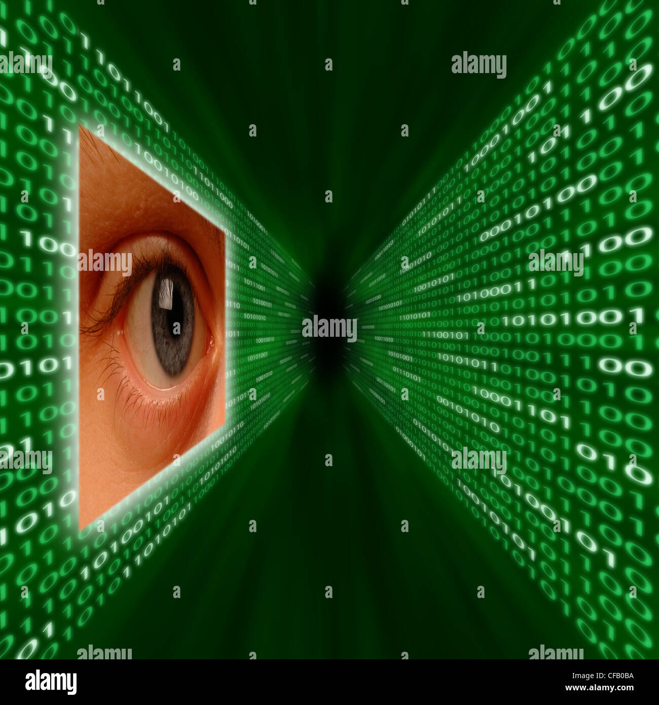 An eye monitoring a corridor of green binary code Stock Photo - Alamy