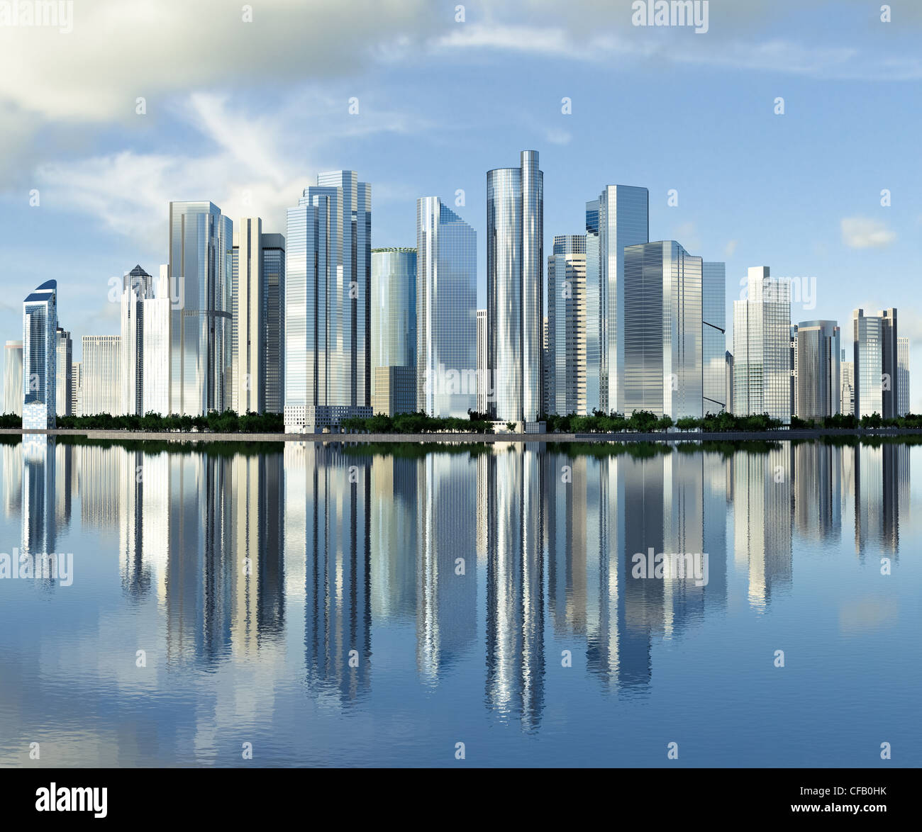 highrise glass skyscraper buildings skyline reflected on water against ...