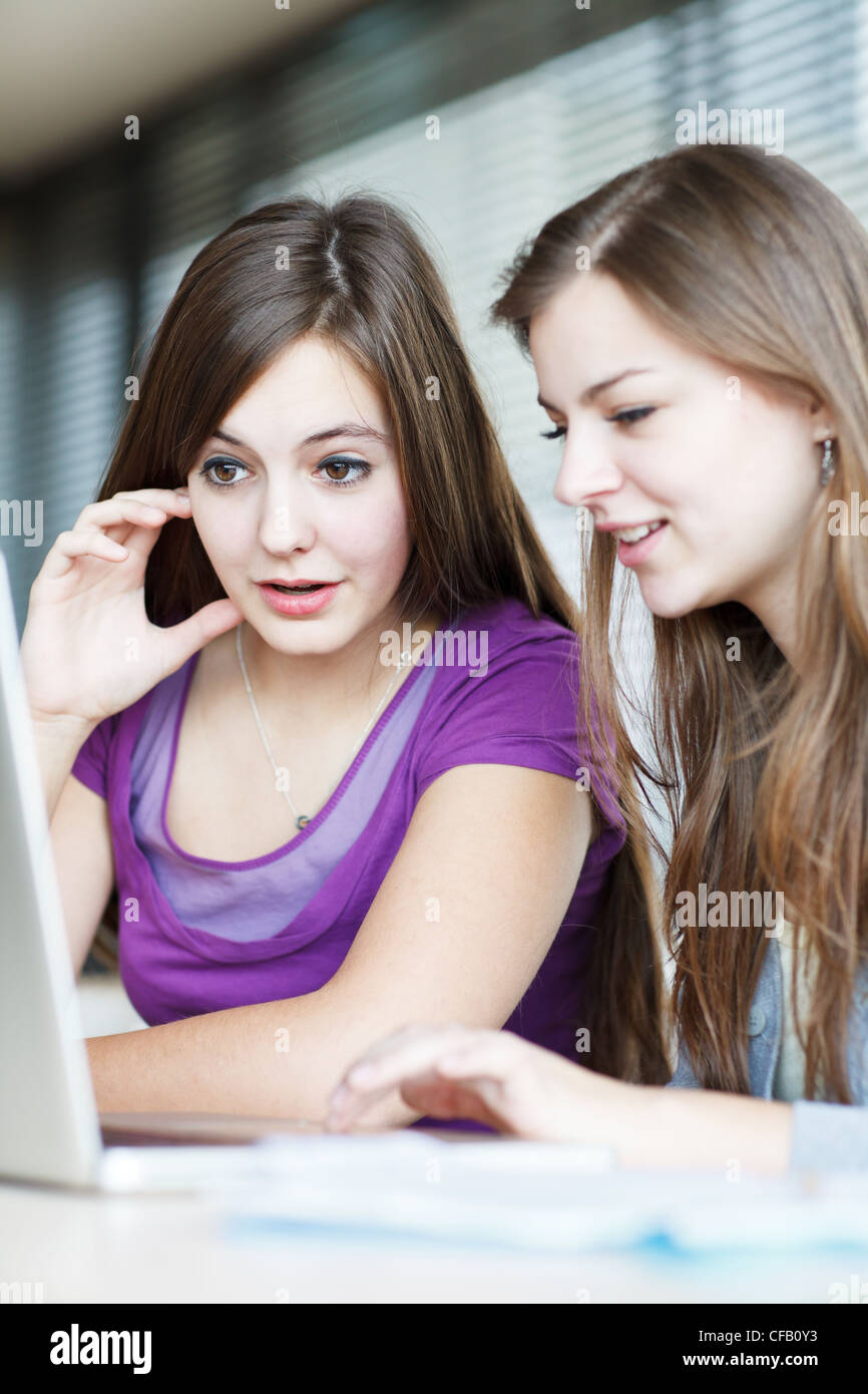 Two female college students working on a laptop computer during class ...